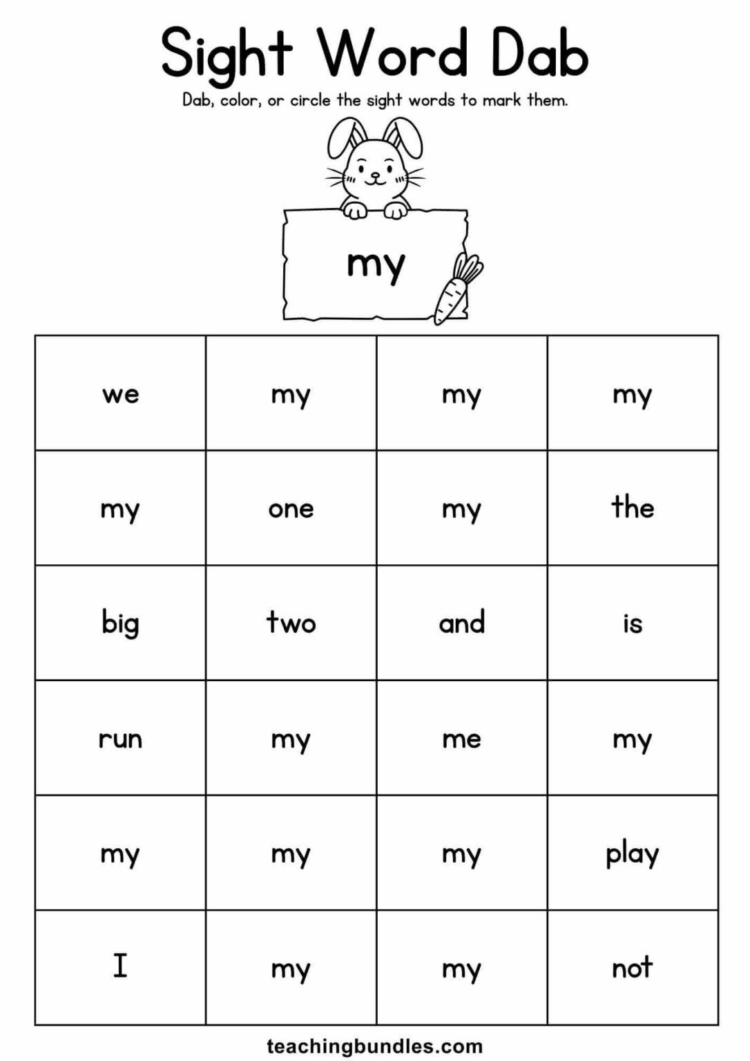 Preschool Sight Word Dab It! - Teachingbundles