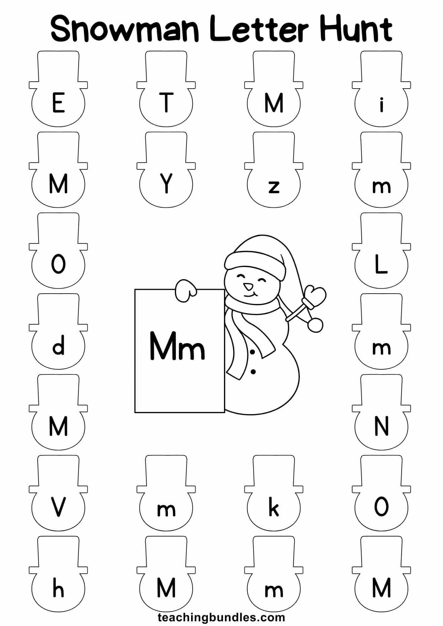 Snowman Letter Hunt Worksheets - Teachingbundles