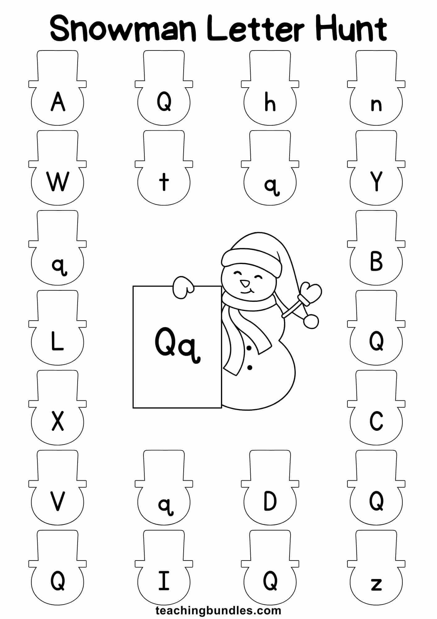 Snowman Letter Hunt Worksheets - Teachingbundles