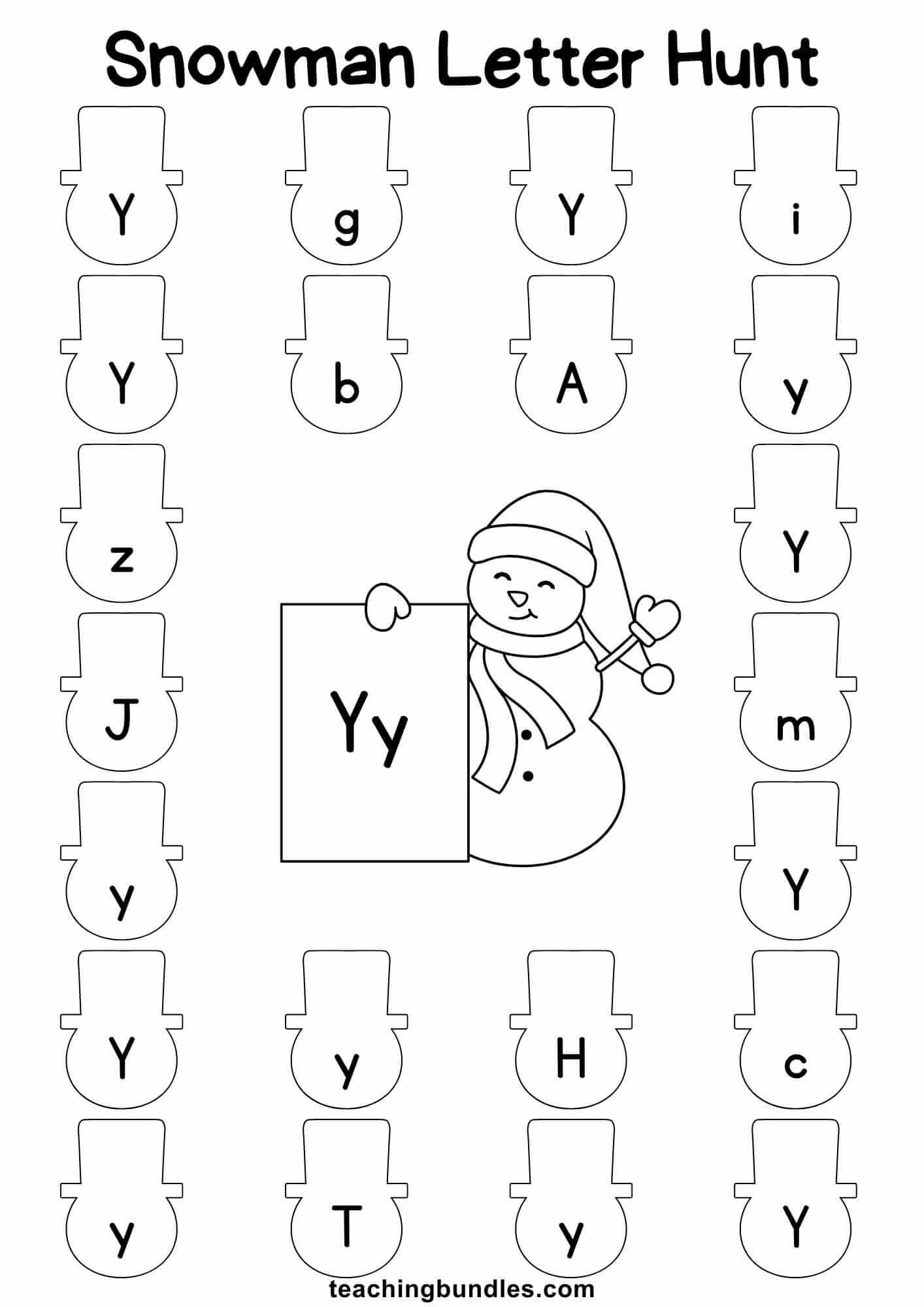 Snowman Letter Hunt Worksheets - Teachingbundles