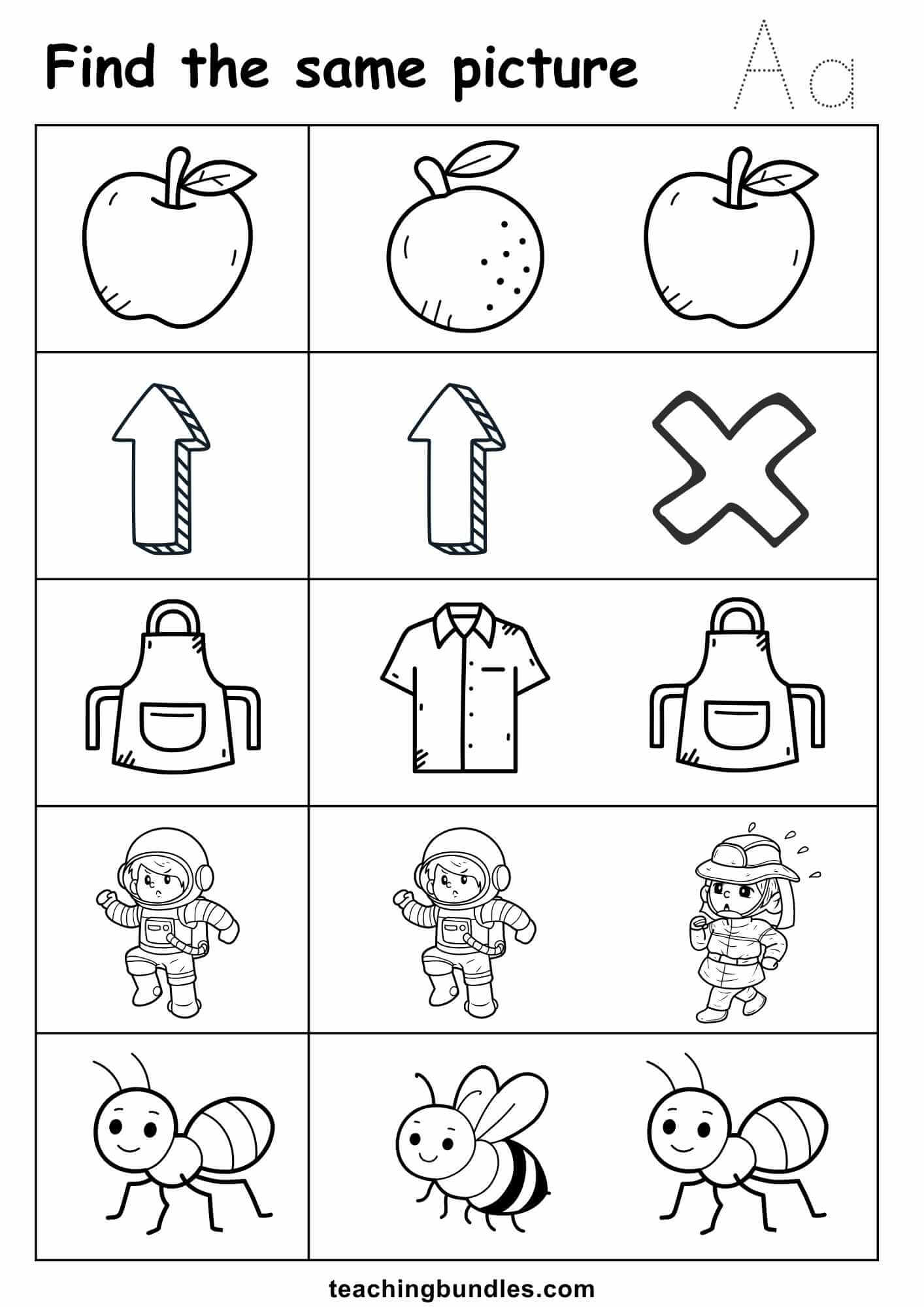 Alphabet Find the Same Picture Worksheets - Teachingbundles