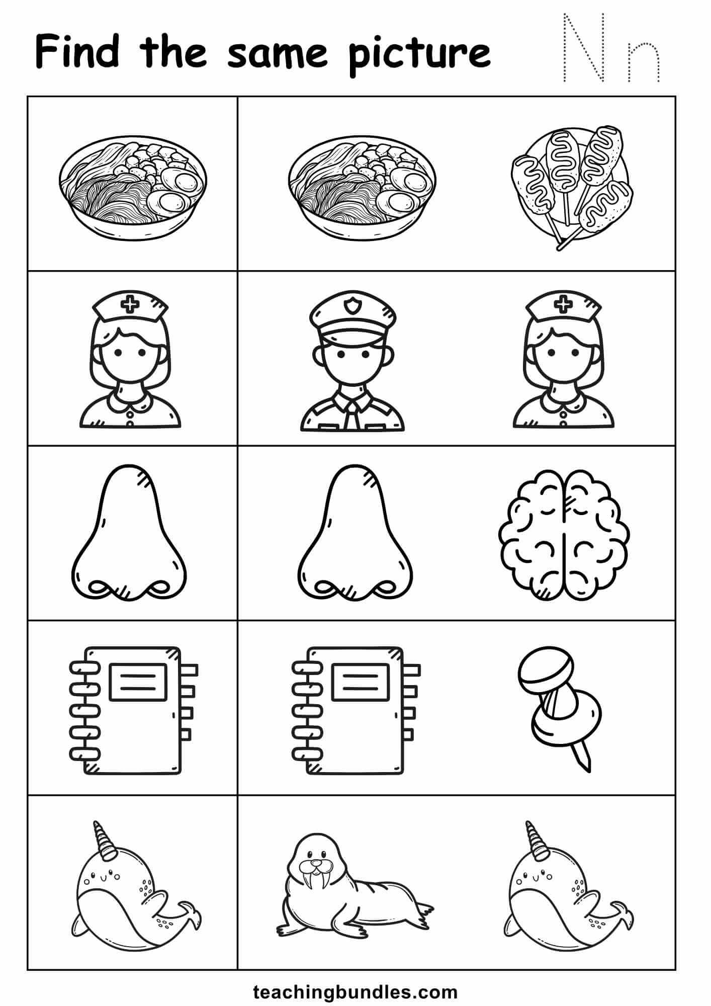 Alphabet Find the Same Picture Worksheets - Teachingbundles
