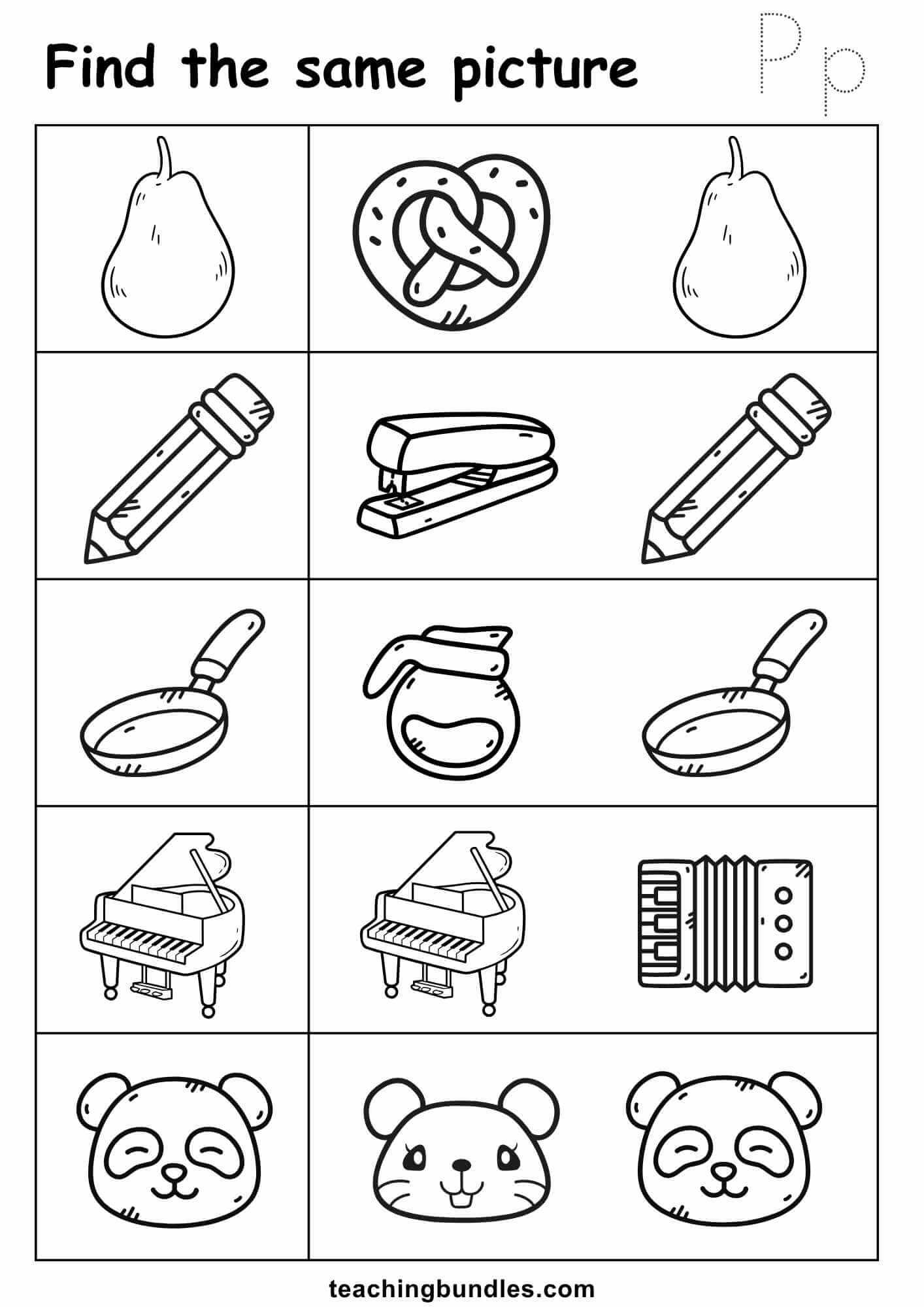 Alphabet Find the Same Picture Worksheets - Teachingbundles