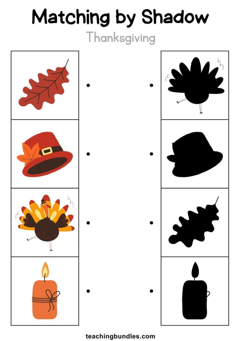 Thanksgiving Shadow Matching Worksheets - Teachingbundles